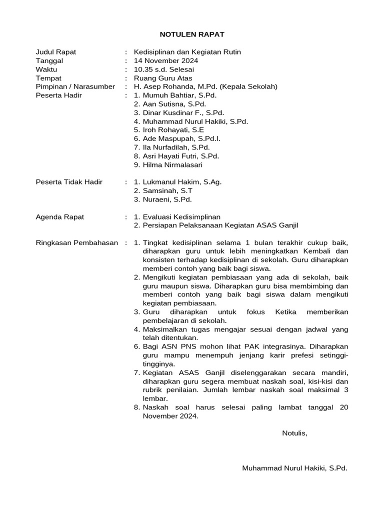 Notulen Rapat Evaluasi Kinerja Guru | PDF