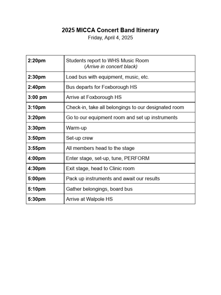 2025 MICCA Concert Band Itinerary | PDF