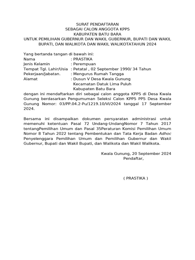 Surat Pendaftaran KPPS | PDF