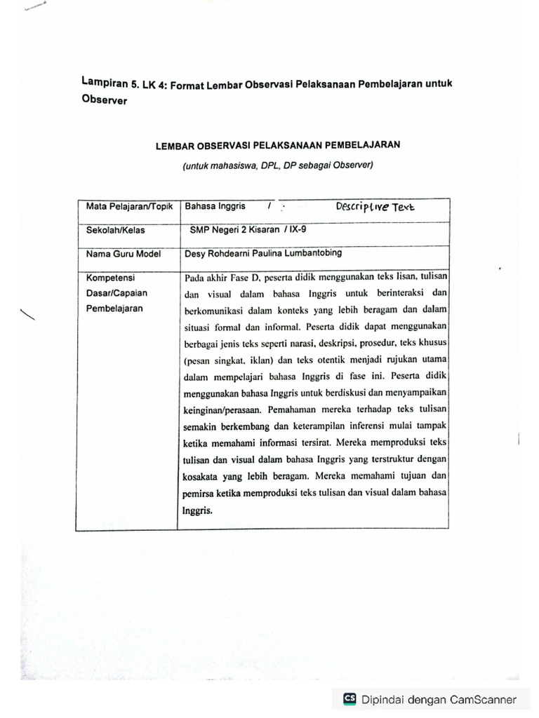 01.05.6-B4-5 Unggah LK 4 - Lembar Observasi Pembelajaran Observer - Siklus 1 | PDF