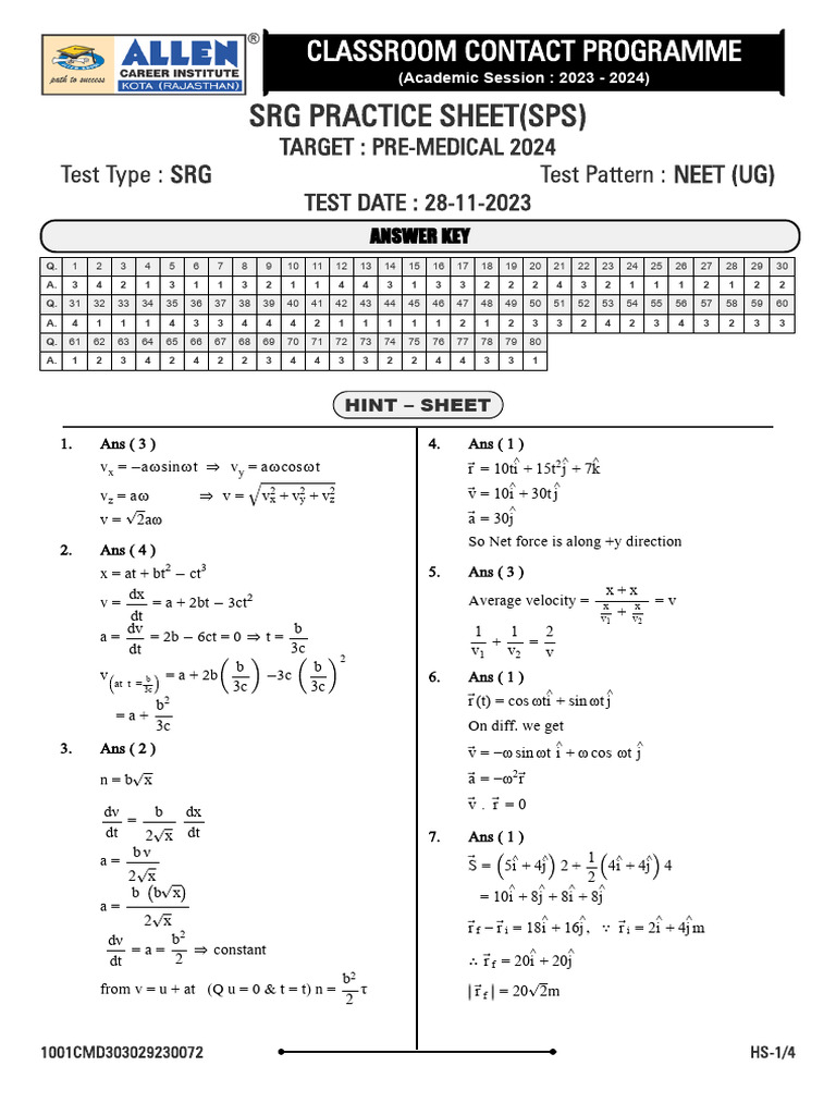 NEET UG 2024 SRG Practice Sheet | PDF | Acceleration | Theory Of Relativity