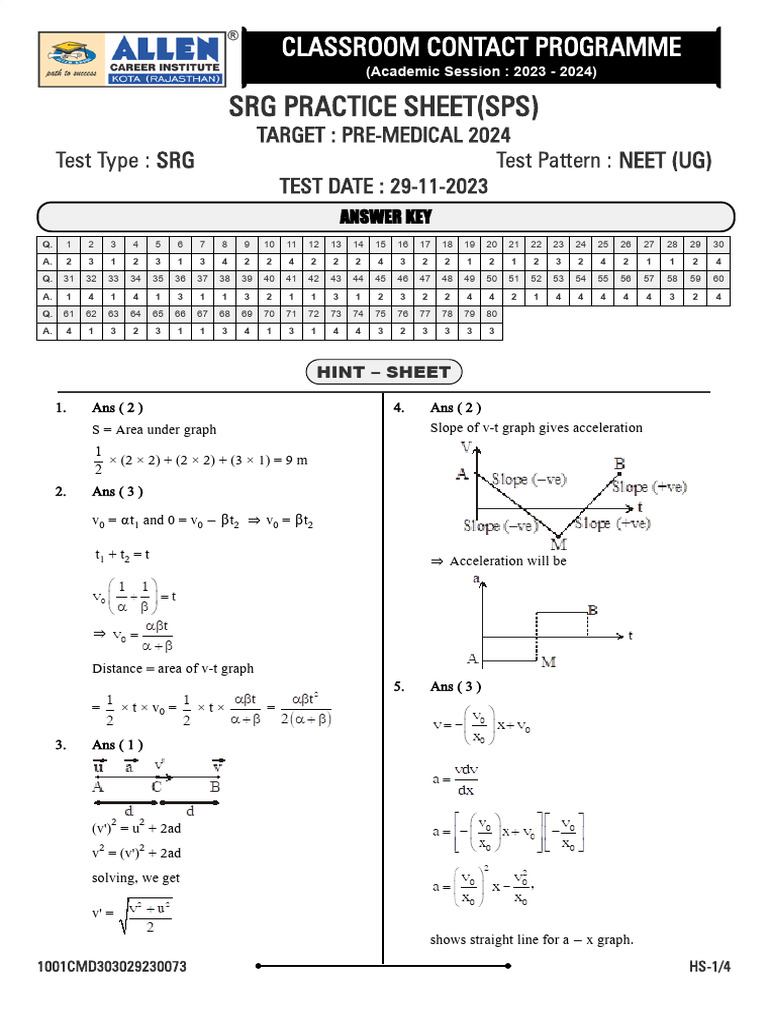 2911 - SRG PRACTICE SHEET (SPS) - Final Hs | PDF | Acceleration | Quantity