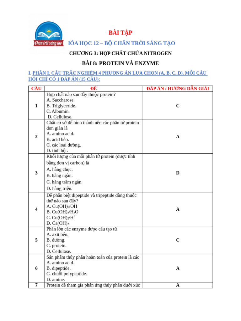 Baitap BÀI 8 - PROTEIN VÀ ENZYME | PDF