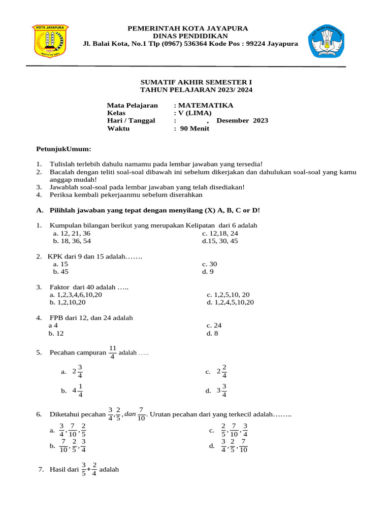 Soal Sumatif Matematika Kelas V Semester Ii | PDF