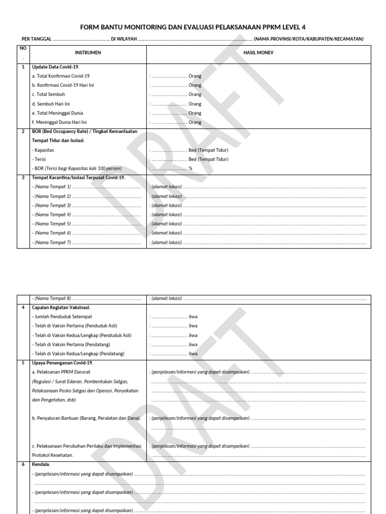 Form Monitoring Dan Evaluasi Pelaksanaan PPKM Level 4 | PDF