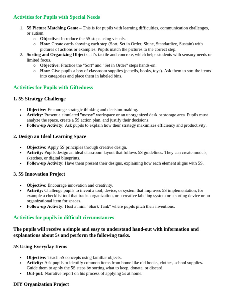 5S Activities for Special Needs Students | PDF | Learning | Cognitive ...