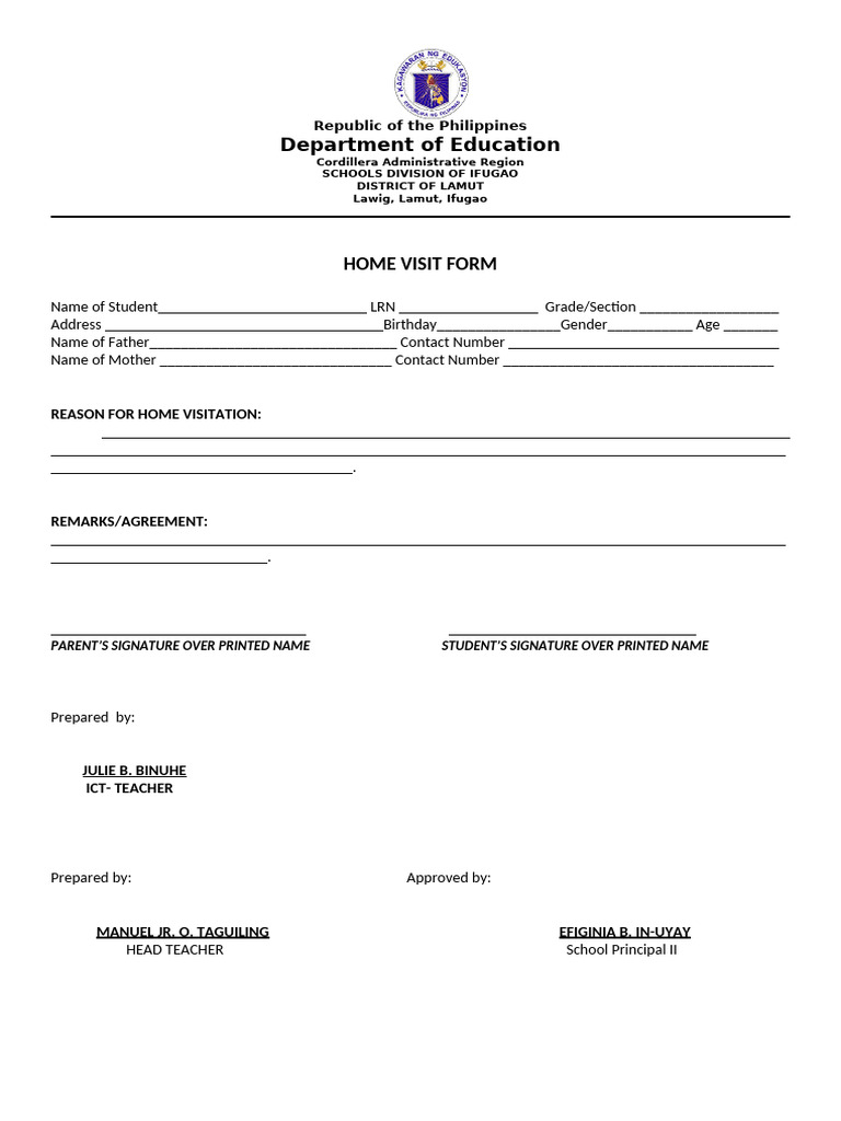 Home Visitation Form | PDF