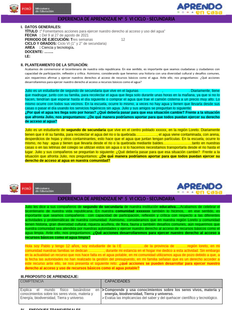 experiencia de aprendizaje 5 contextualizada VI ciclo. cyt | PDF | Evaluación | Agua