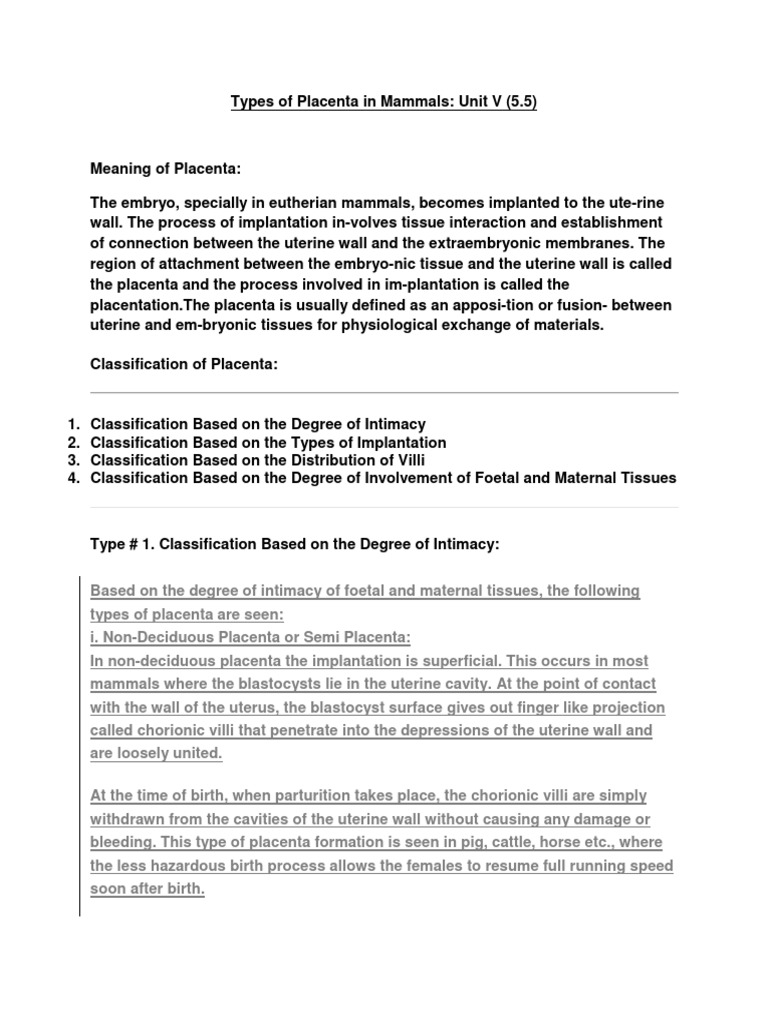 Types of Placenta in Mammals with emphasis on formation of Placenta in ...