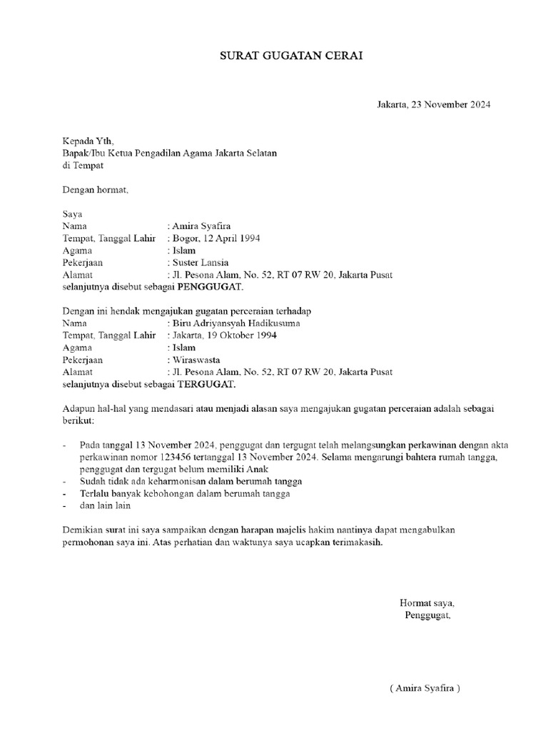 Surat Gugat Cerai Amira 1 | PDF