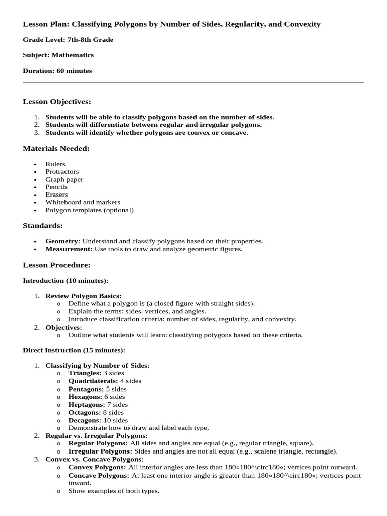 Classifying Polygons: Lesson Plan for Grades 7-8 | PDF | Shape | Polygon