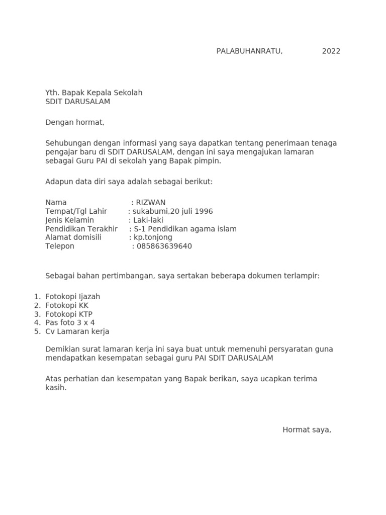 Surat Lamaran Rizwan | PDF