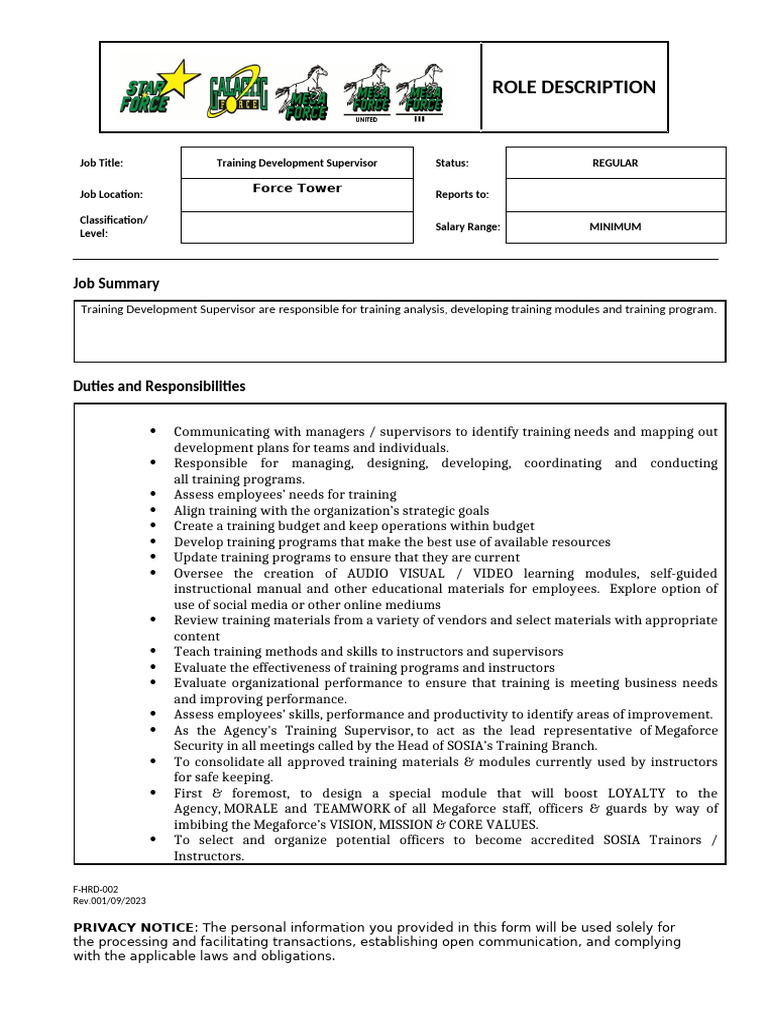 Training Development Supervisor Role | PDF | Supervisor ...