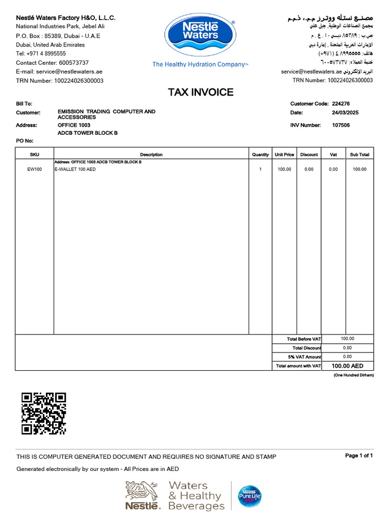 Tax Invoice: Nestlé Waters Factory H&O, L.L.C | PDF | Foreign Exchange ...