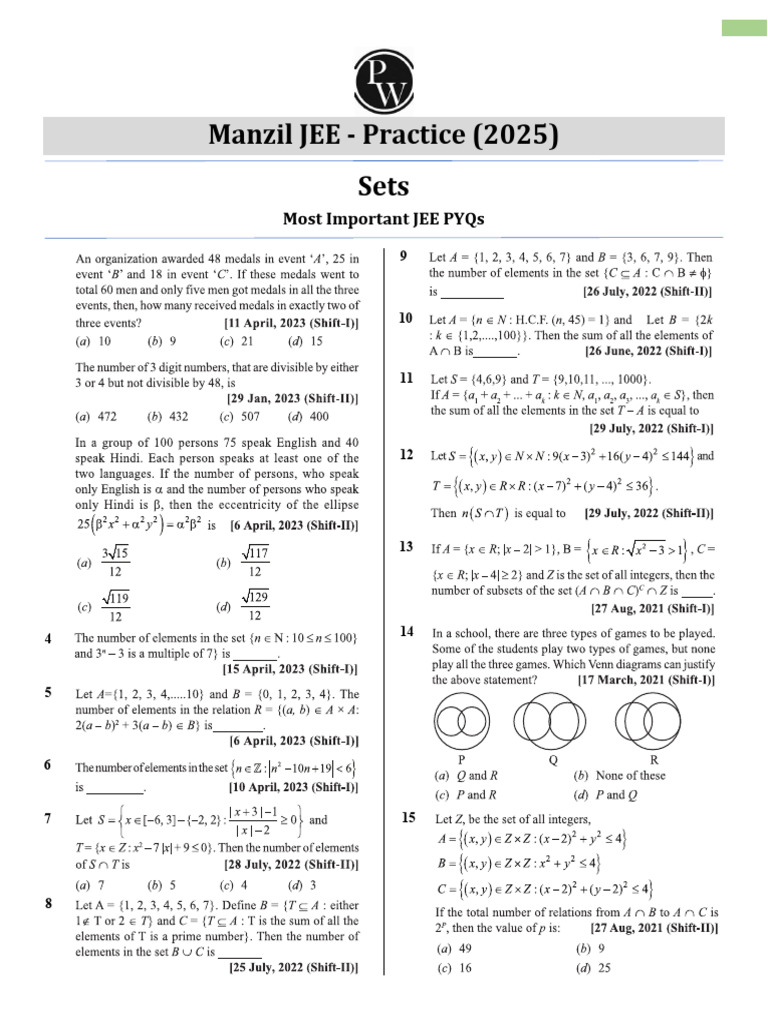 Sets _ PYQ Sheet (Questions) __ Manzil JEE 2025 | PDF