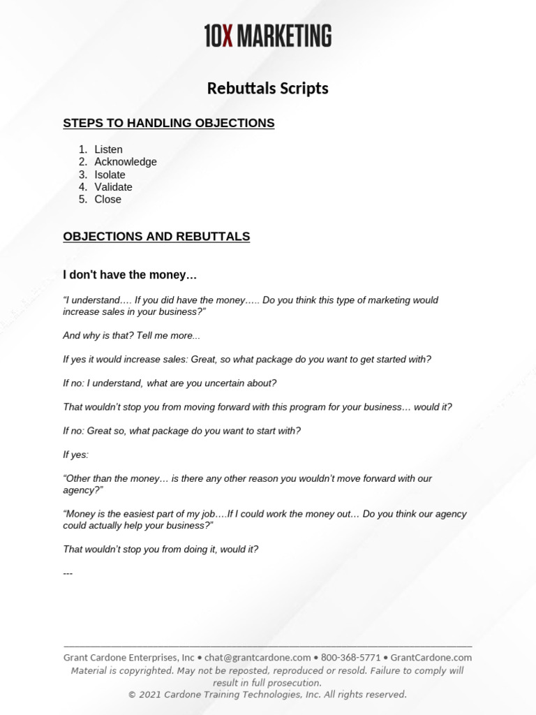 10X Closing System - Rebuttals Scripts | PDF