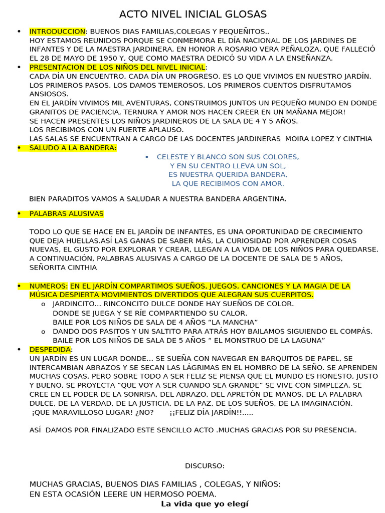 Acto Nivel Inicial Glosas | PDF