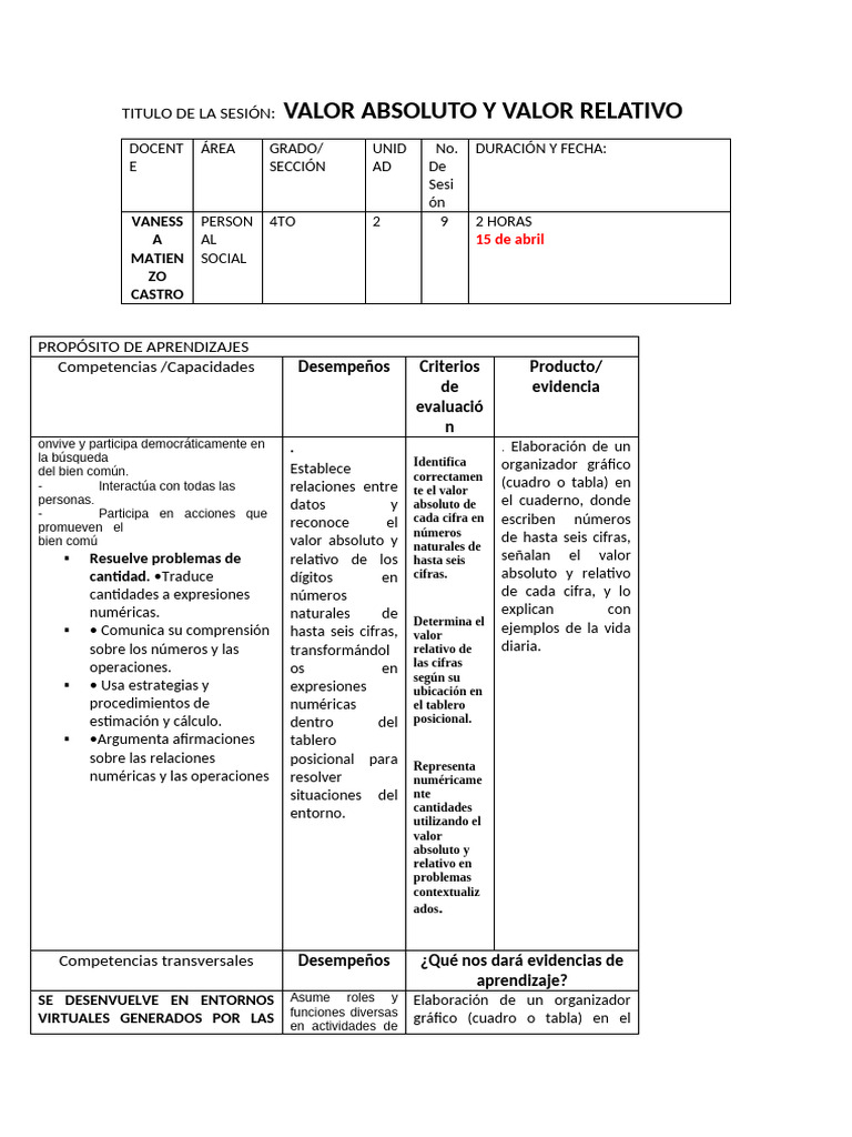 SESION 9 VALOR ABSOLUTO Y RELATIVO | PDF | Aprendizaje | Enseñando