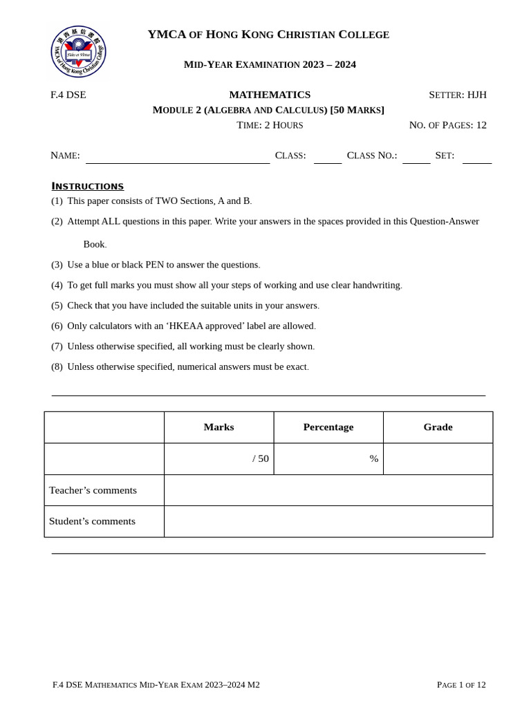 F.4 M2 Mid-Year Exam 23-24 | PDF | Mathematical Analysis | Abstract Algebra