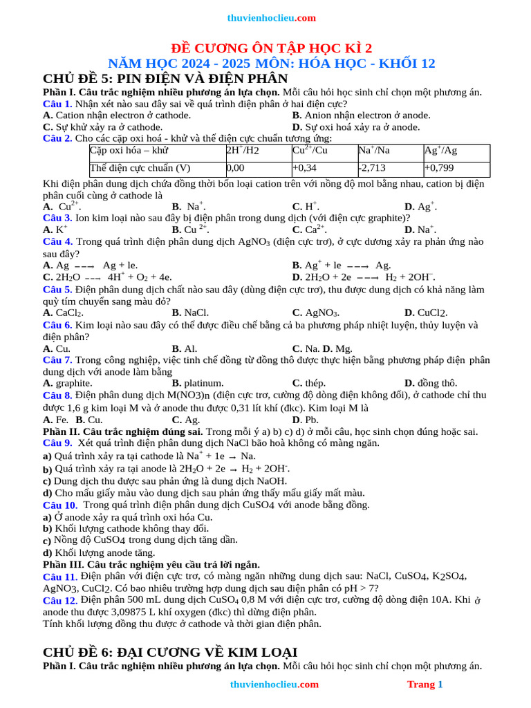De Cuong Tap Cuoi HK2 Hoa 12 Nam Hoc 24 25 | PDF