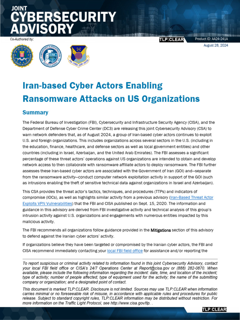 Joint Cybersecurity Agencies, Iran-Based Cyber Actors ...