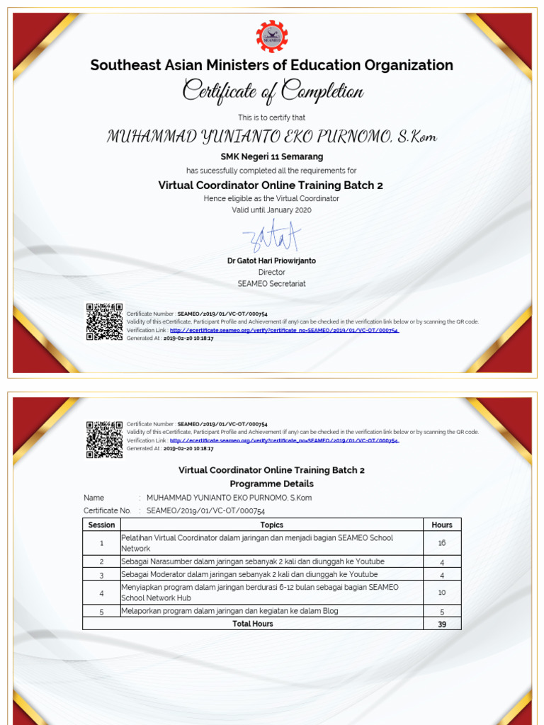 SEAMEO Virtual Coordinator Training Certificate | PDF
