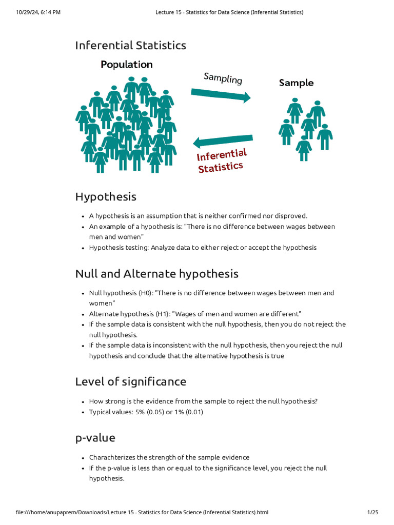 Lecture 15 - Statistics for Data Science (Inferential Statistics) | PDF | Statistics | P Value