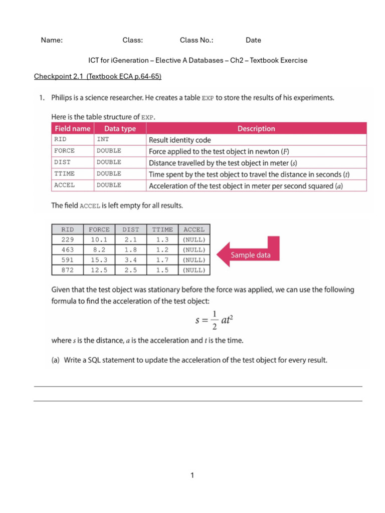 ICT For Igeneration - Elective A Databases - Ch2 Ex (Student) | PDF