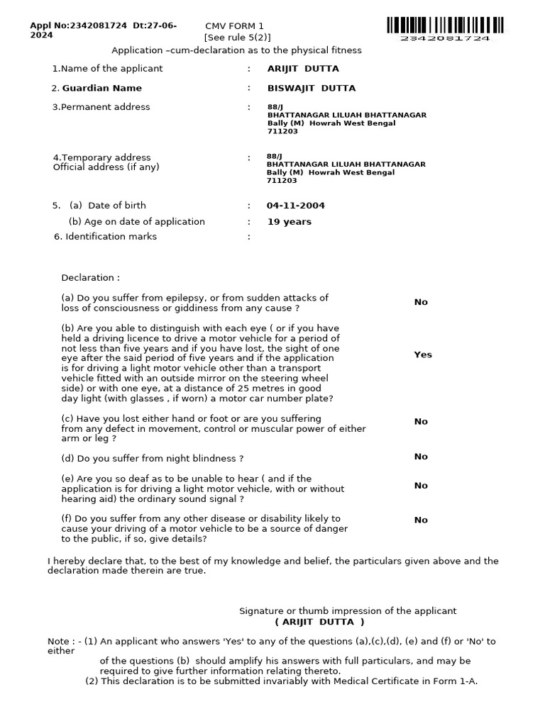 Arijit Dutta Biswajit Dutta Guardian Name: Appl No:2342081724 Dt:27-06-2024 | PDF