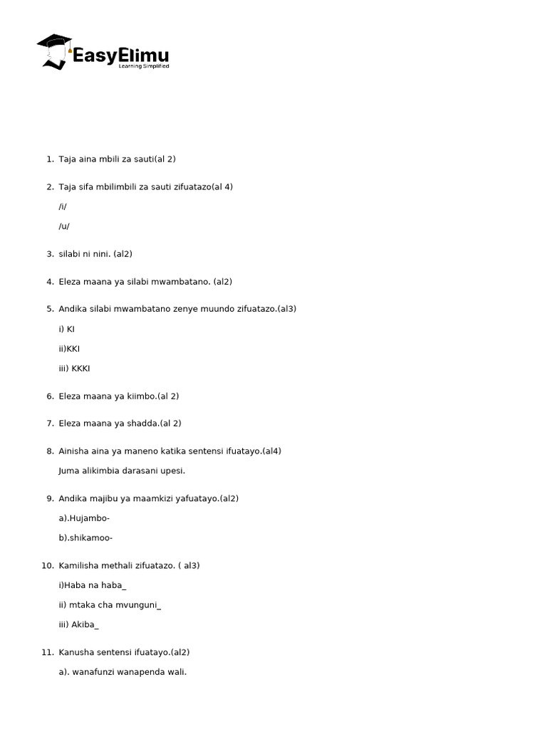 Kiswahili - Form 1 Term 3 Opener Exams 2024 Set 1-2077 | PDF