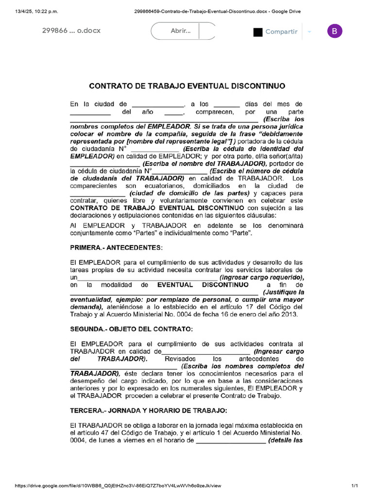 Contrato de Trabajo Eventual Discontinuo | PDF