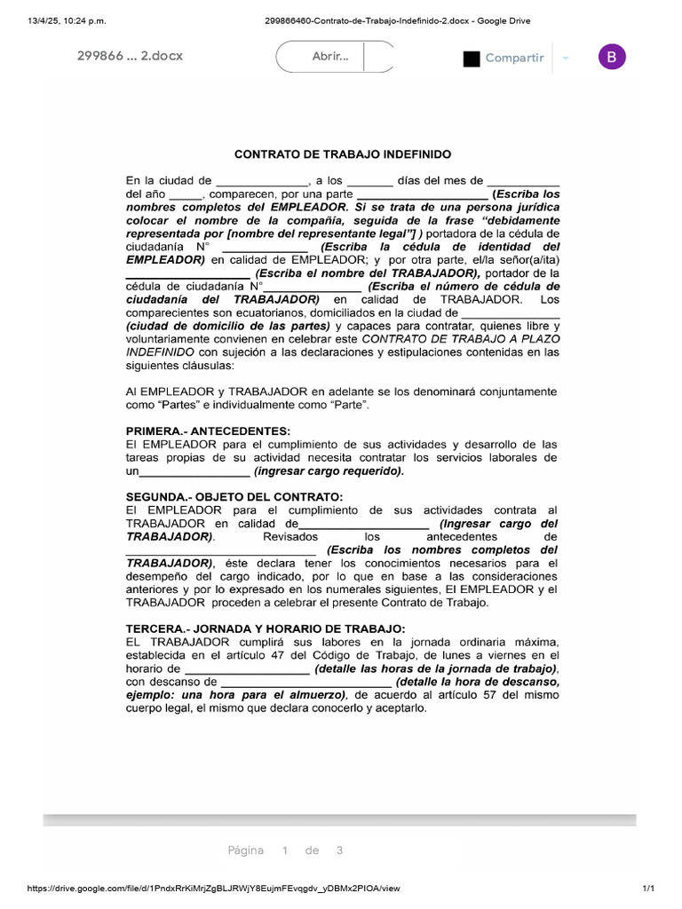 Modelo de Contrato de Trabajo Indefinido | PDF