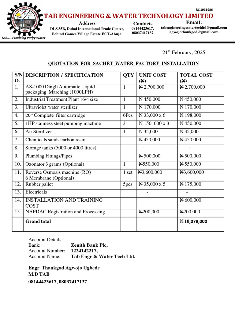 Quotation For Sachet Water Factory Installation | PDF | Environmental ...