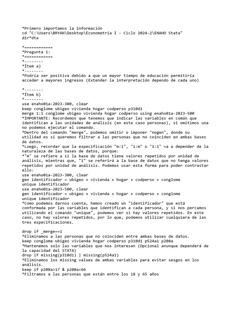 Semana 2 - STATA EJERCICIOS | PDF | Mínimos cuadrados ordinarios | Análisis estadístico