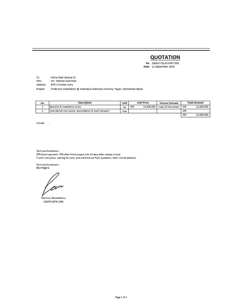 Firebricks Installation Quotation Indonesia | PDF