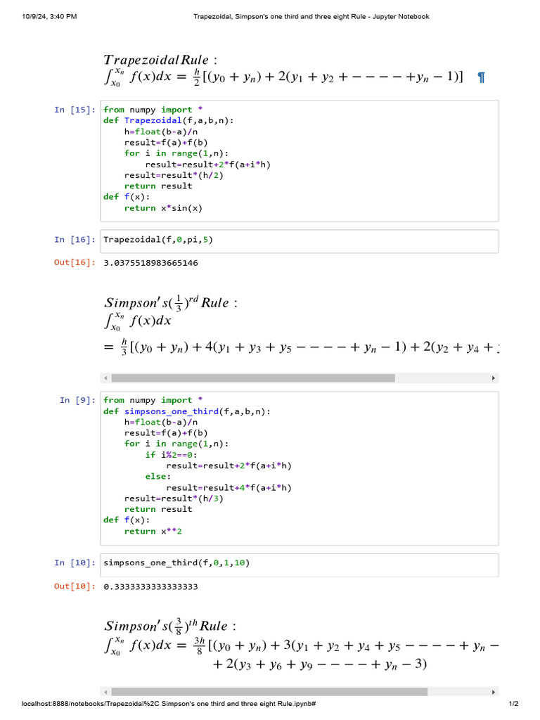 Trapezoidal, Simpson's One Third and Three Eight Rule - Jupyter ...