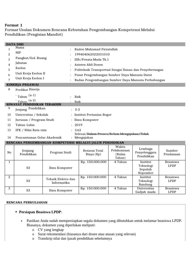 Format 1 - Format Usulan Dokumen Rencana Kebutuhan Pengembangan Kompetensi Melalui Pendidikan-1 ...