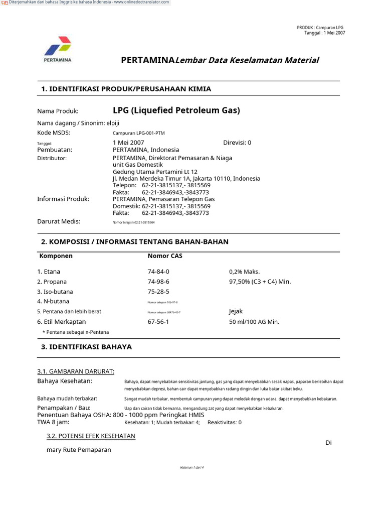 MSDS-LPG-Pertamina en Id | PDF