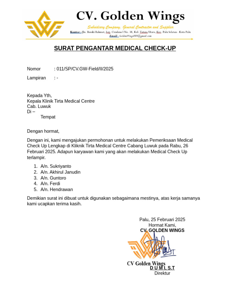 Surat Pengantar Pemeriksaan Mcu | PDF