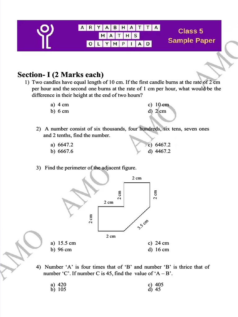 AMO - Grade 5 Sample Paper Test | PDF | Mathematics | Geometry