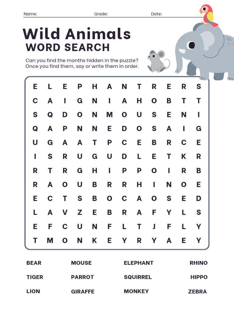 Wild Animals Word Search Worksheet in Colorful Simple Style | PDF