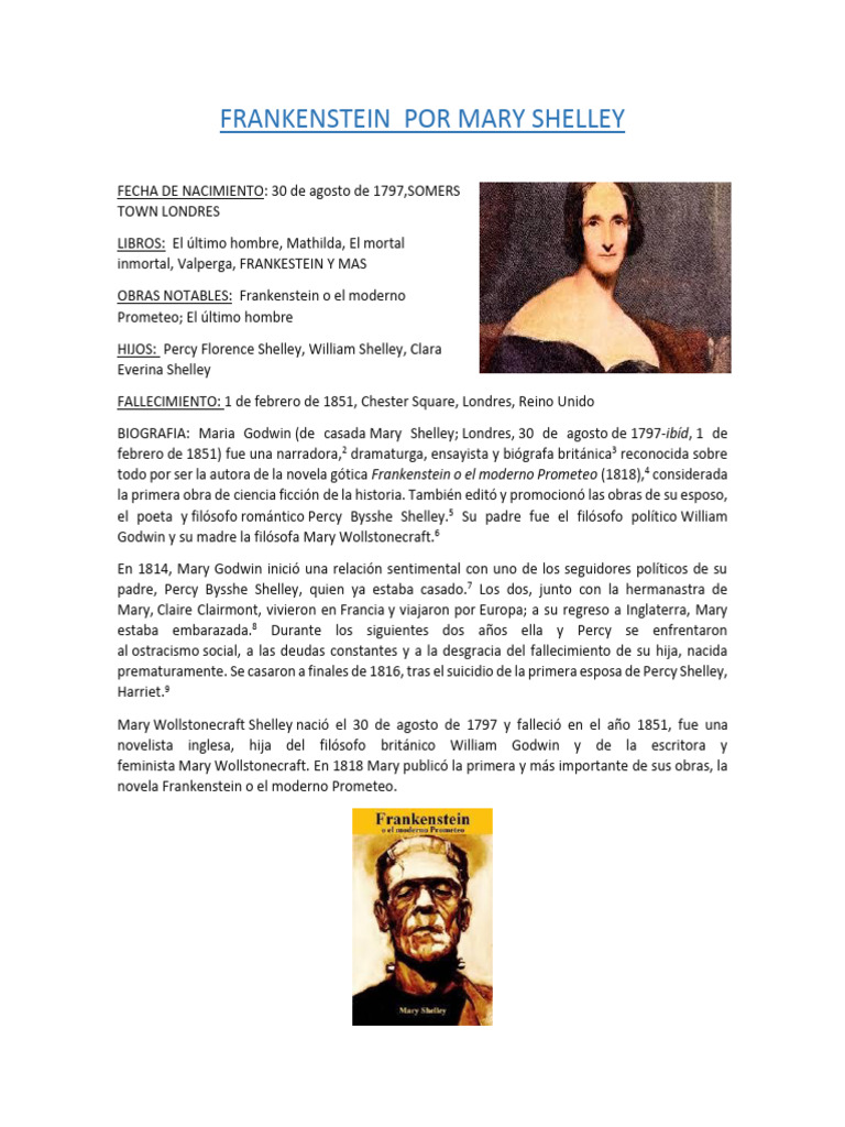 Biografía de Mary Shelley y Frankenstein | PDF