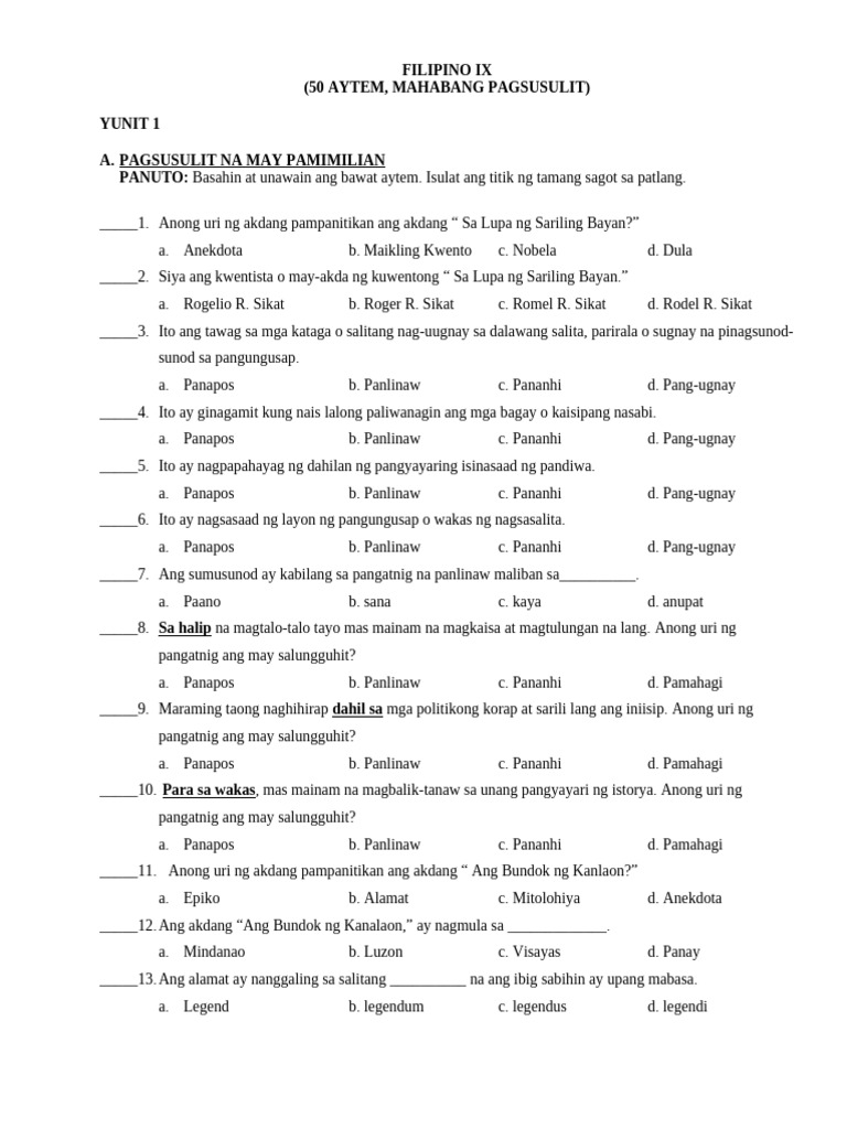FILIPINO IX - Mahabang Pagsusulit | PDF