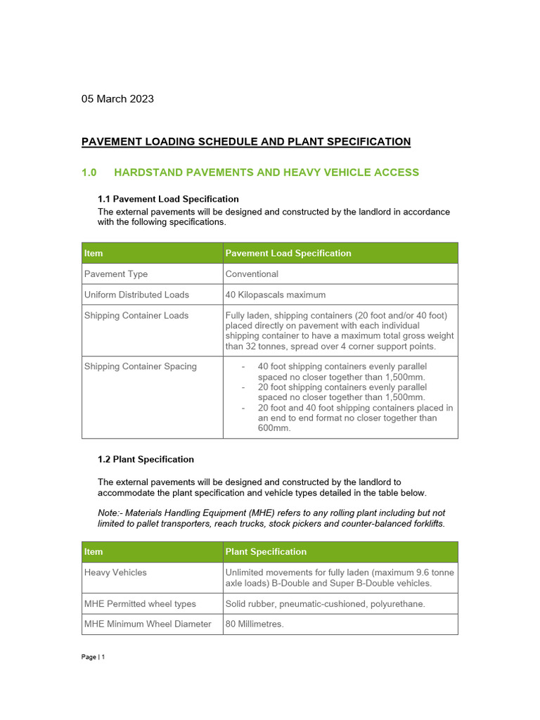 Pavement and Plant Load Specifications | PDF | Truck | Forklift