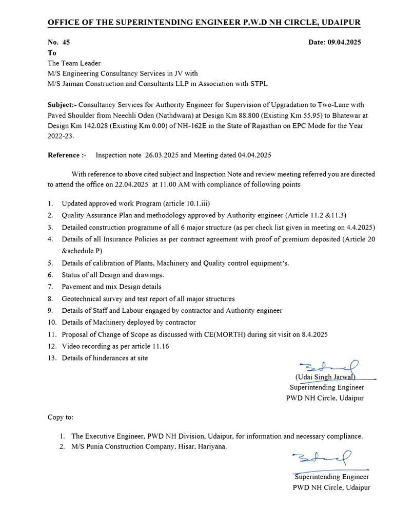 D-45 Reg - Inspection Note 26.03.2025 and Meeting Dated 04.04.2025 | PDF