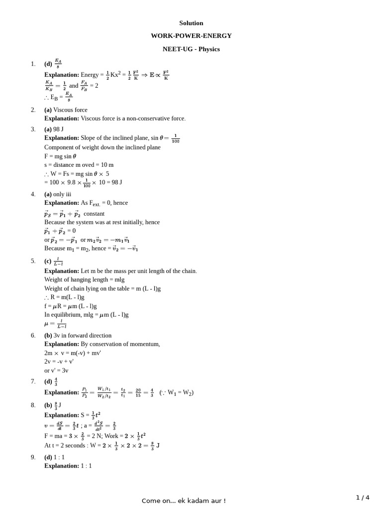 NEET Work Power Energyy Solutions[11) | PDF | Kinetic Energy | Quantity