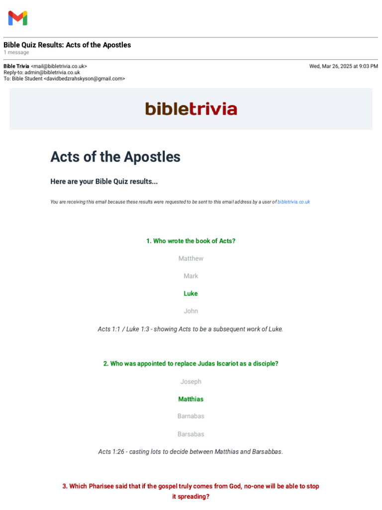 Gmail - Bible Quiz Results - Acts of The Apostles | PDF | Acts Of The ...