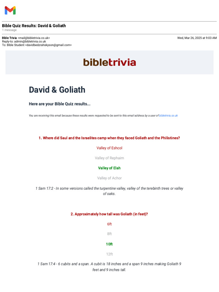 Gmail - Bible Quiz Results - David & Goliath | PDF | Goliath | David