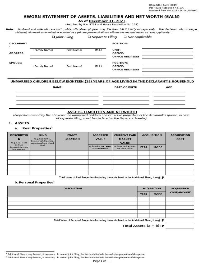 HRep SALN Form 2019 Overview | PDF | Net Worth | Business Economics