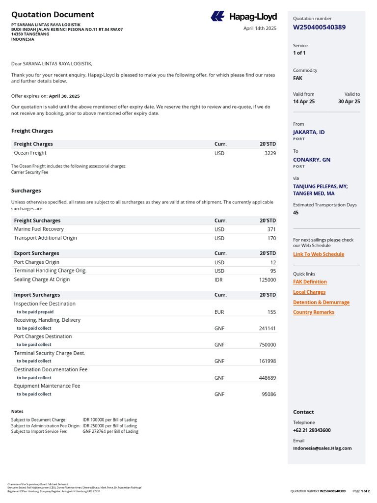 Quotation_W250400540389_IDJKT_GNCKY | PDF | Logistics | Transport